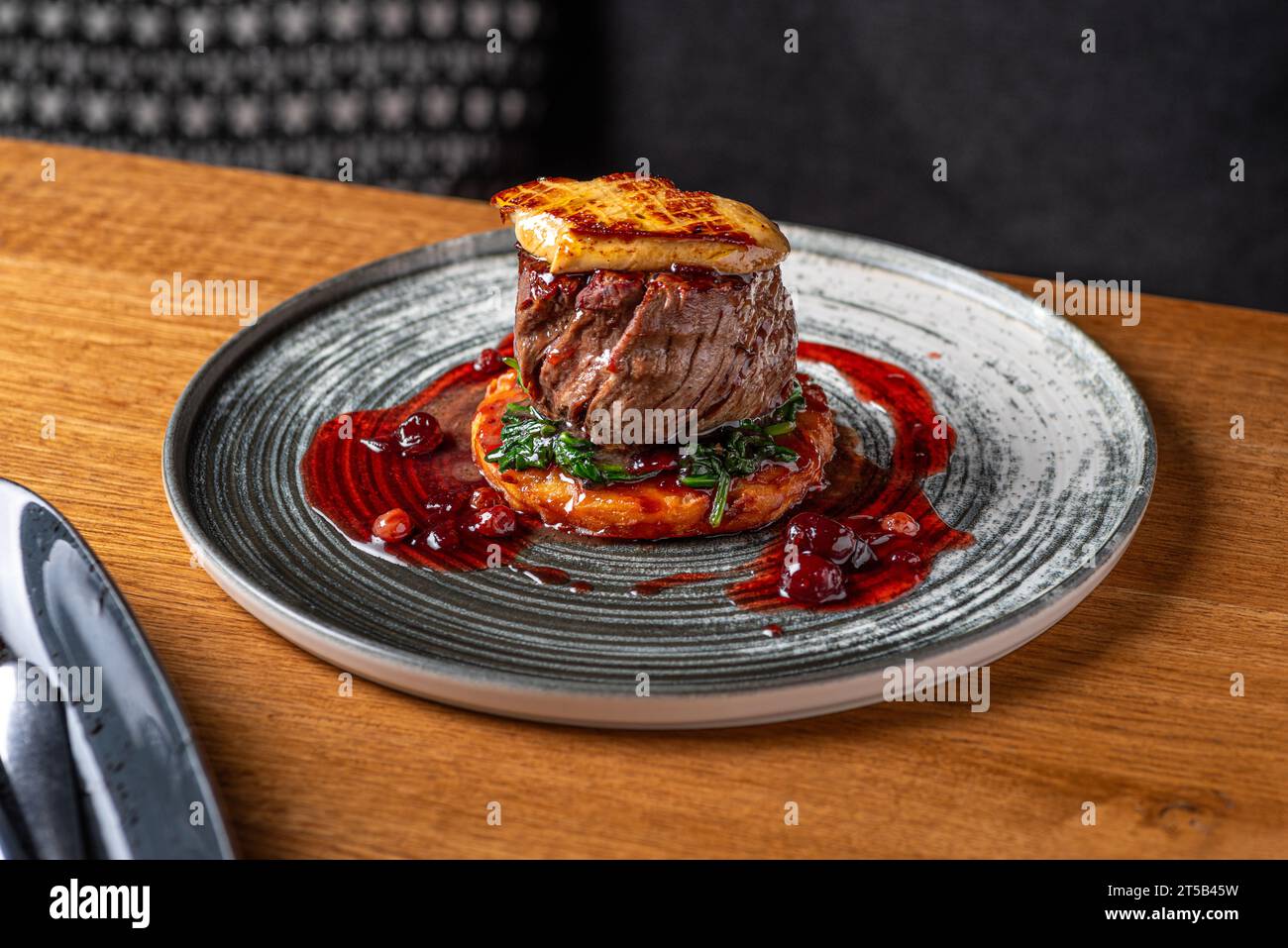 Tournedos Rossini with foie-gras. Fillet mignon steak Serving in the ...