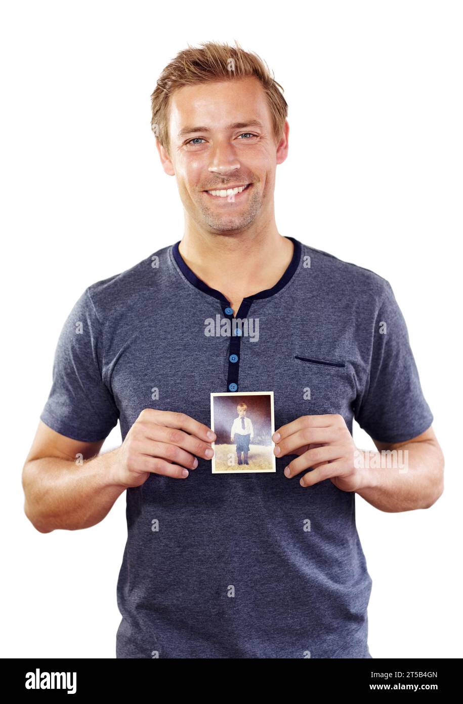 Holding photograph, happy and portrait of man with picture as child for ...