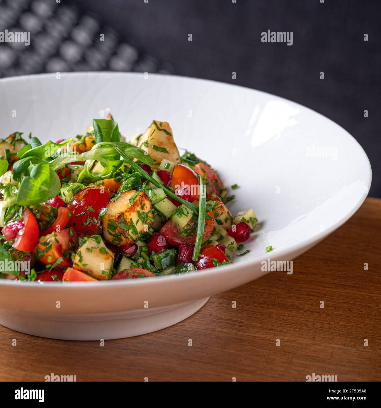Healthy food. Salad with Halloumi cheesse and vegetables, close-up ...
