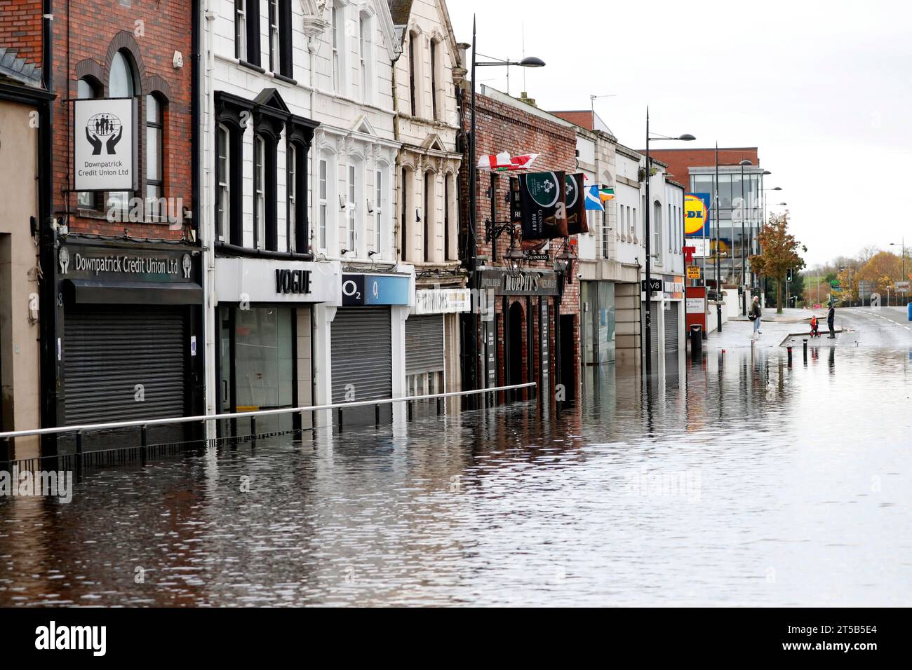 Flooded shops in the town centre after flooding in Downpatrick. Picture ...