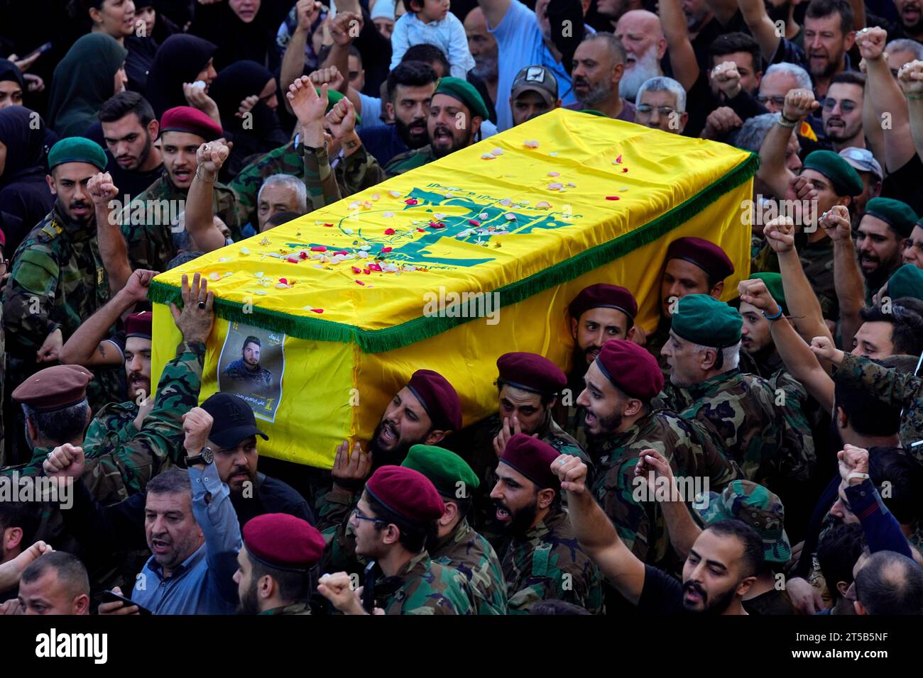 Hezbollah fighters carry the coffin of their comrade, Ali Ibrahim ...