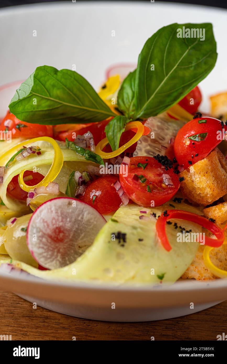Panzanella summer vegetable salad with stale bread, colorful tomatoes ...