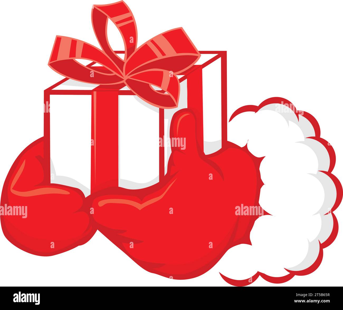 Santa Claus hands in red mittens holding gift box with red bow ...