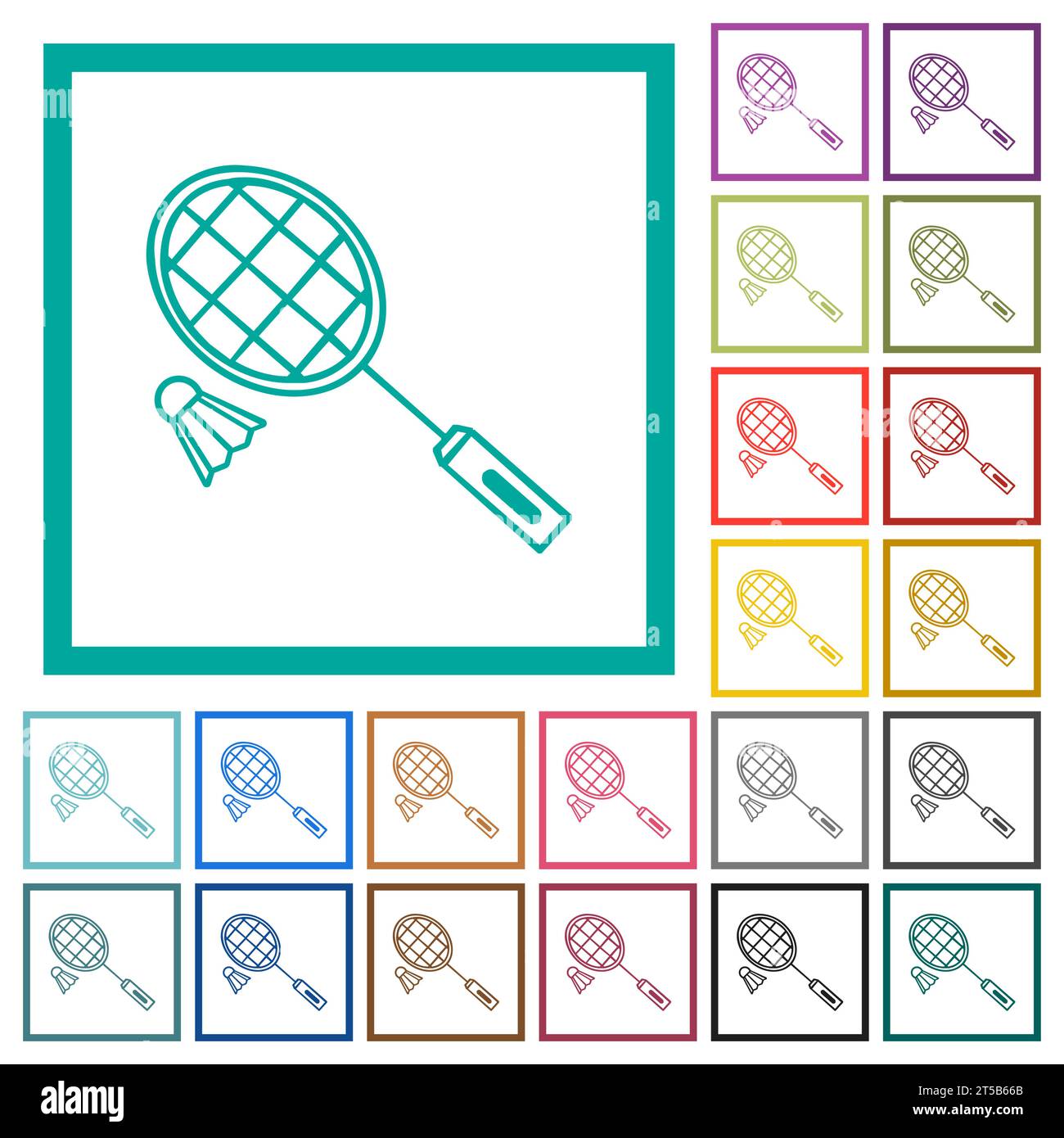 Badminton racket and shuttlecock outline flat color icons with quadrant ...