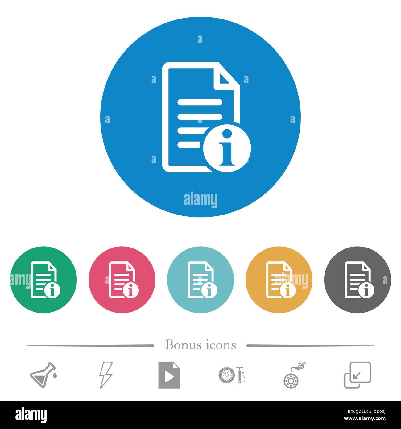Document info flat white icons on round color backgrounds. 6 bonus ...