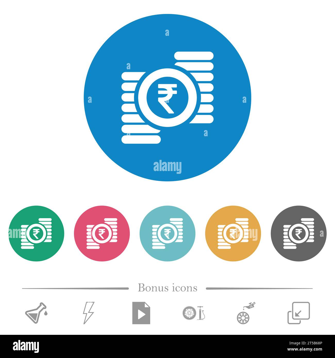 Indian Rupee coins flat white icons on round color backgrounds. 6 bonus ...