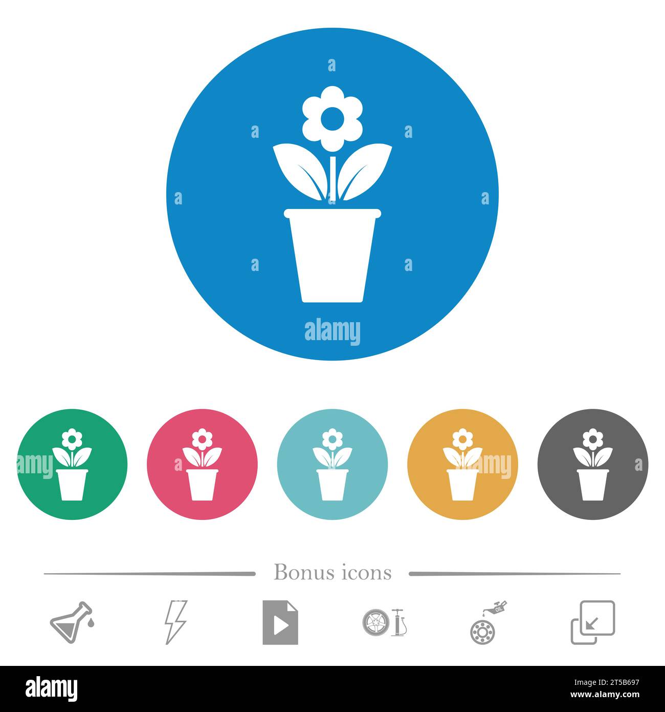 flowerpot with flower and leaves solid flat white icons on round color ...