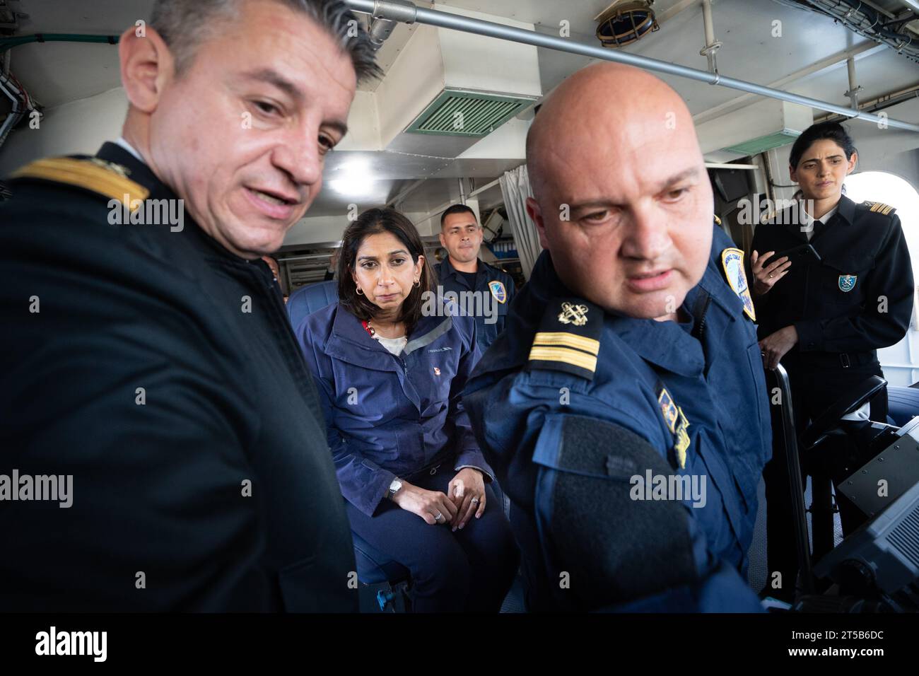 Home secretary Suella Braverman on board an Hellenic Coastguard open ...