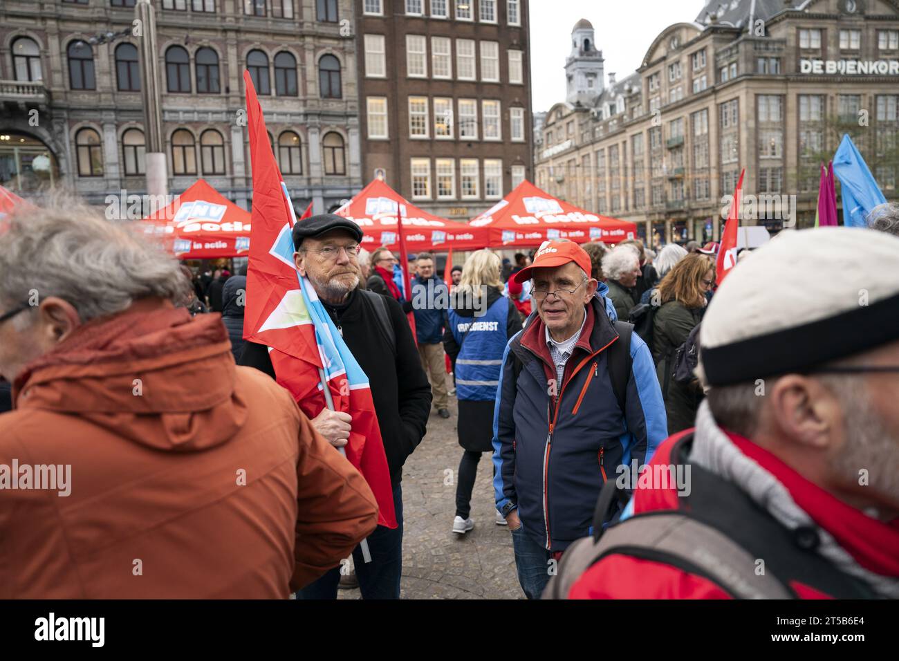 AMSTERDAM - Demonstrators during an action by the trade union FNV ...