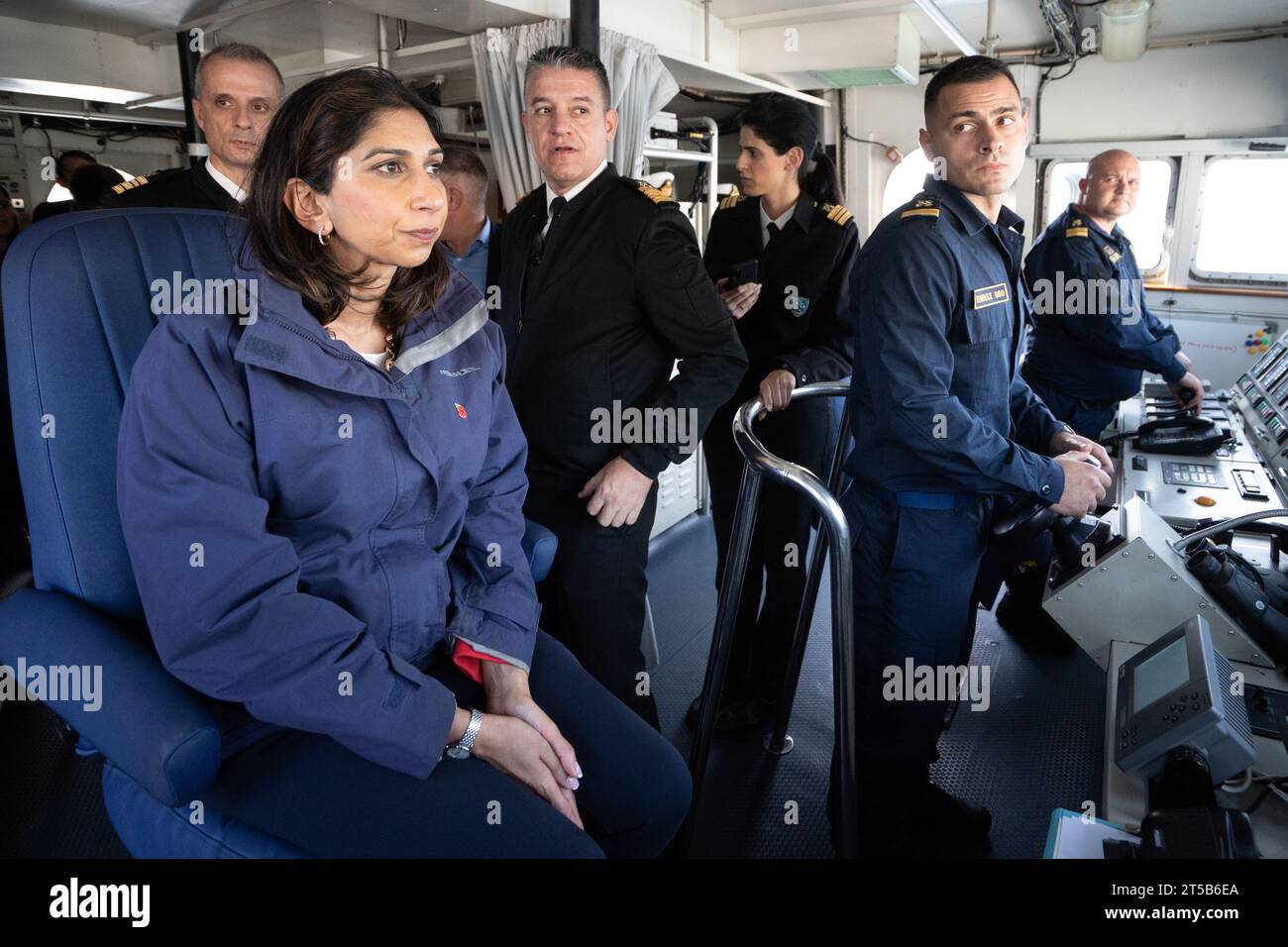 Home secretary Suella Braverman on board an Hellenic Coastguard open ...