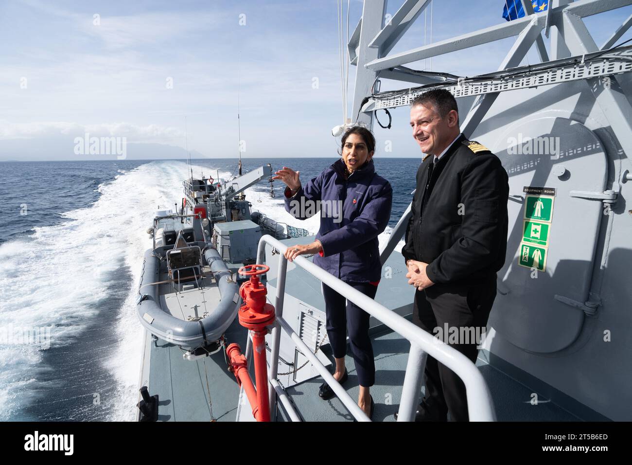 Home secretary Suella Braverman on board an Hellenic Coastguard open patrol vessel the Fournoi ...