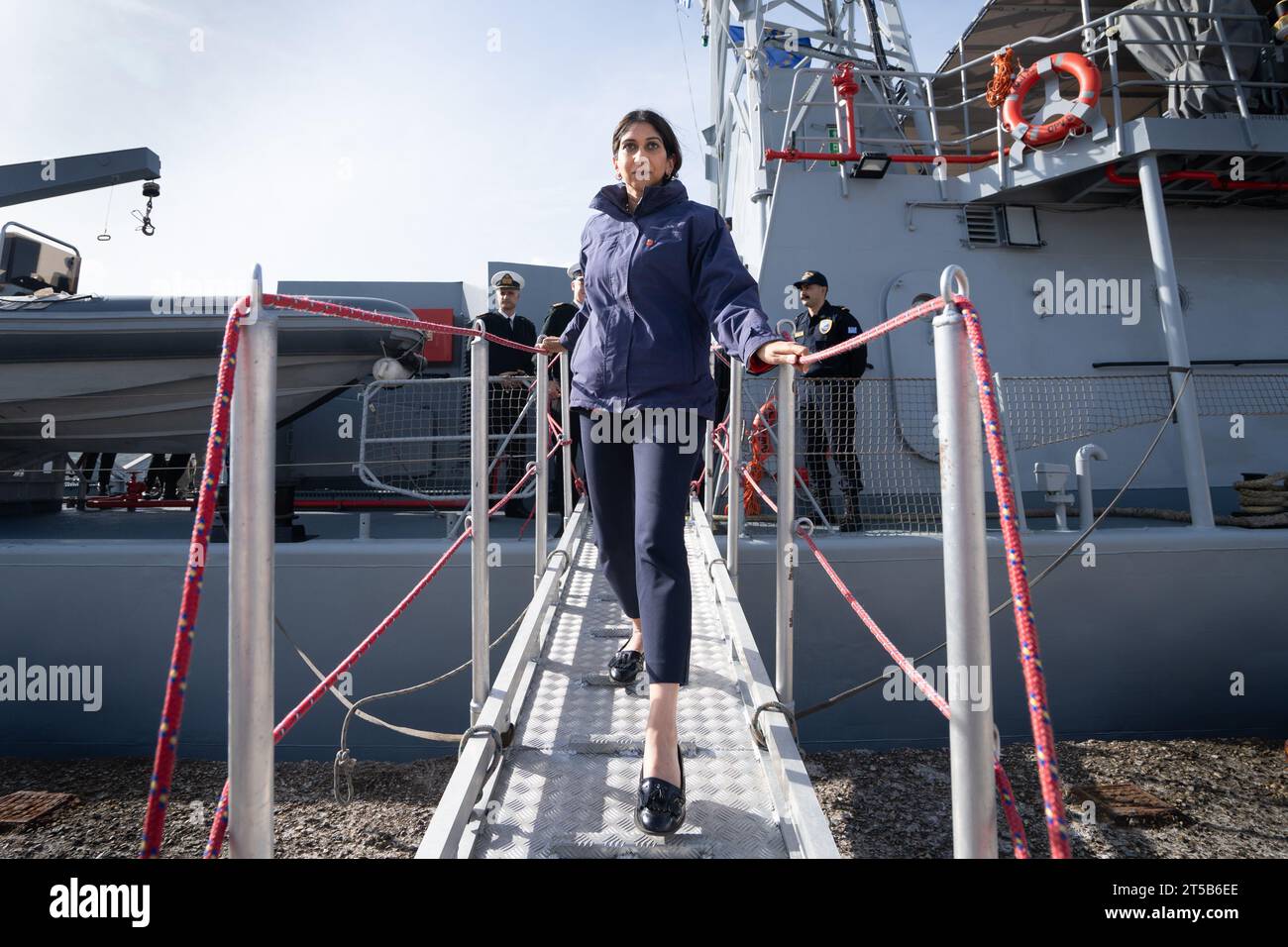Home secretary Suella Braverman on board an Hellenic Coastguard open ...
