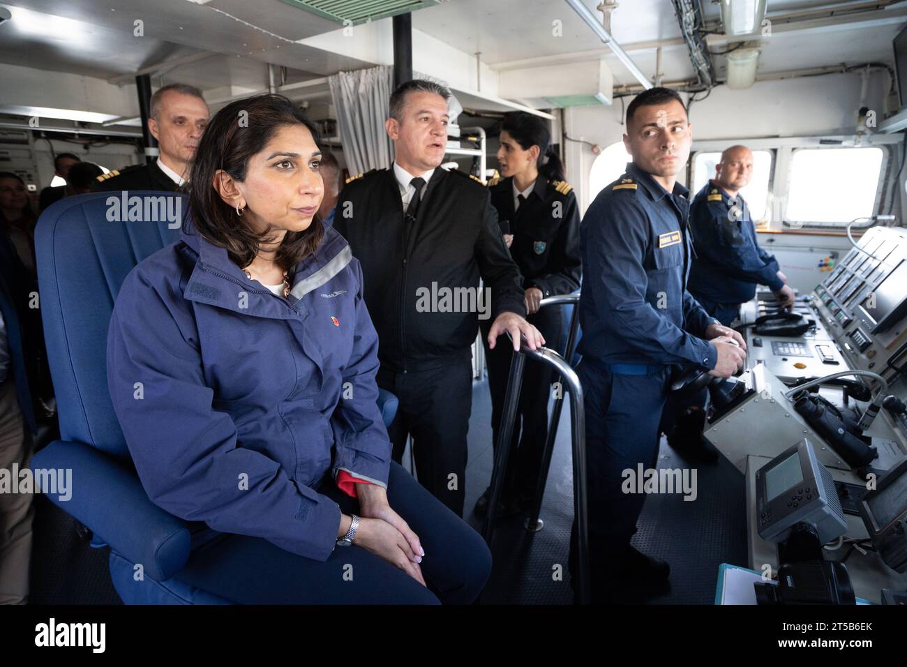 Home secretary Suella Braverman on board an Hellenic Coastguard open ...