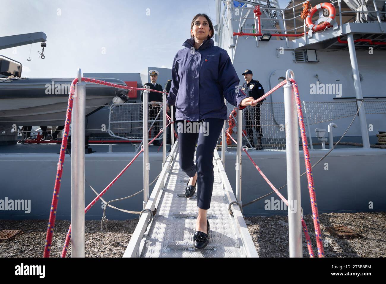 Home secretary Suella Braverman on board an Hellenic Coastguard open ...