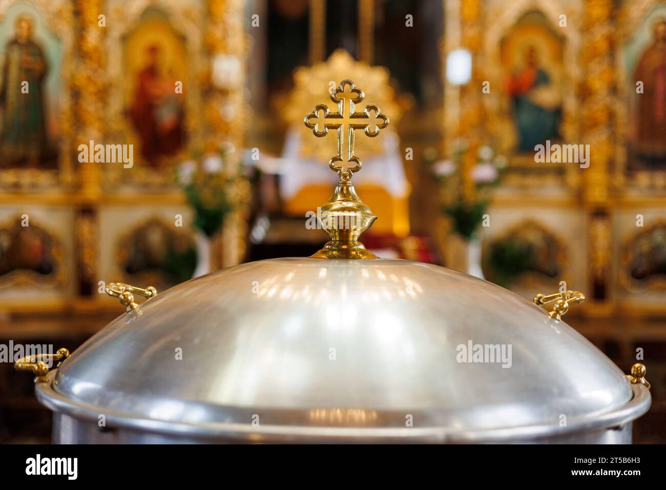 Aluminium church font, large bowl, with golden cross and saint water ...