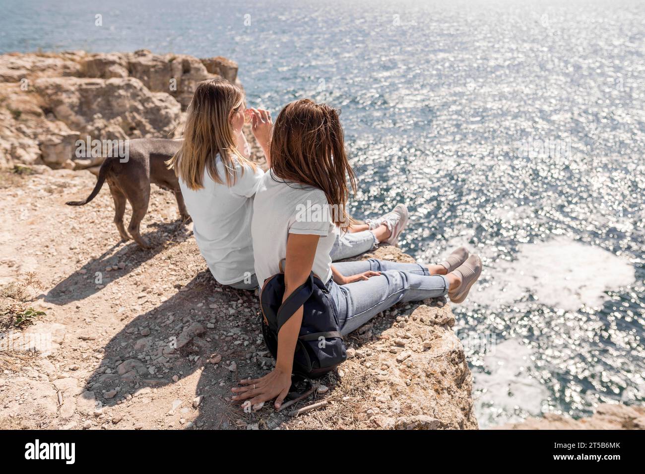 Best friends sitting rocks ocean Stock Photo - Alamy