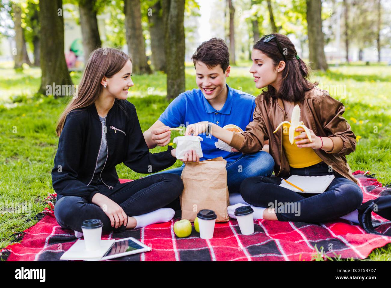 Friends sharing chips lunch time Stock Photo - Alamy