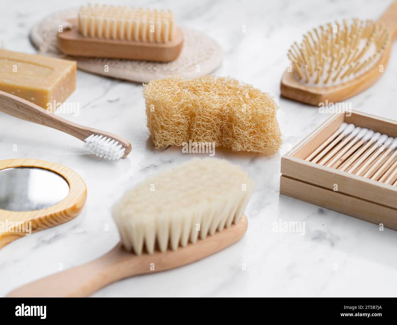 High angle arrangement with hygiene care products Stock Photo - Alamy