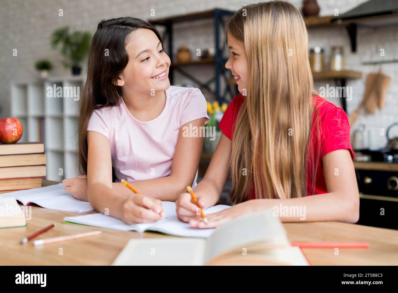 Schoolgirls doing homework looking each other Stock Photo - Alamy
