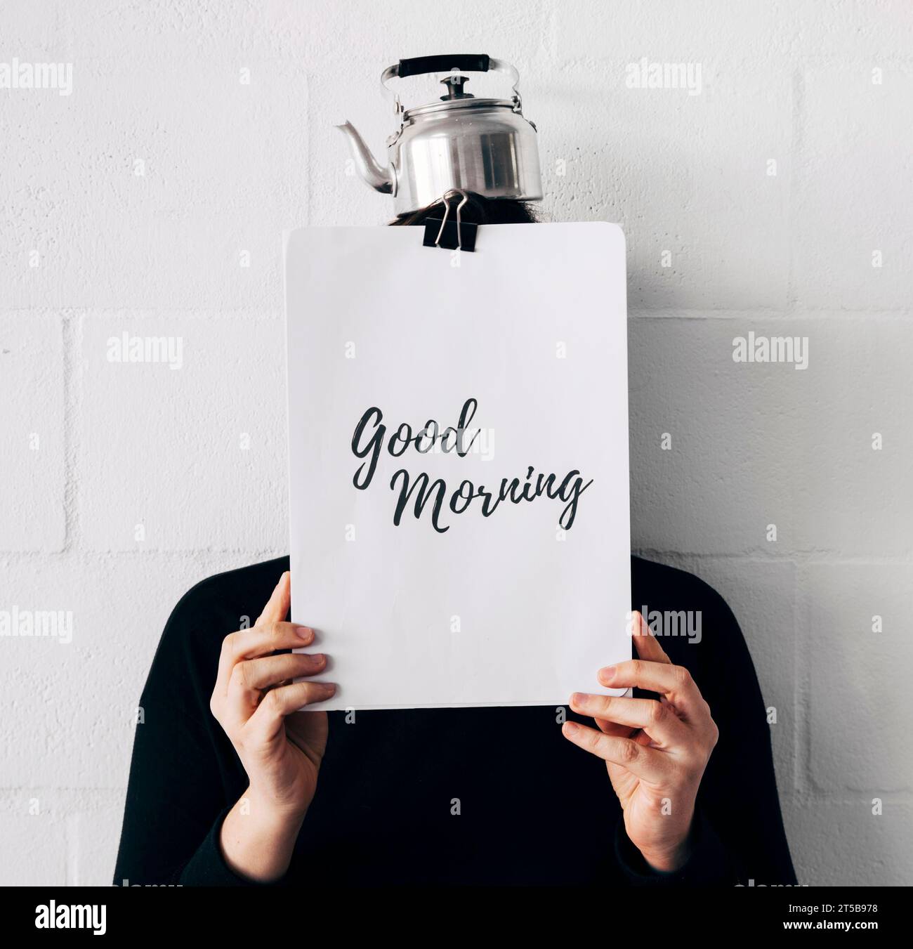 Woman with kettle head good morning message paper holding front face ...