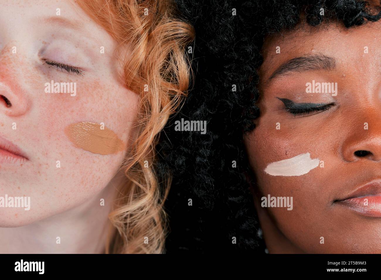 Close up african caucasian woman s face with skin tone foundation cream ...