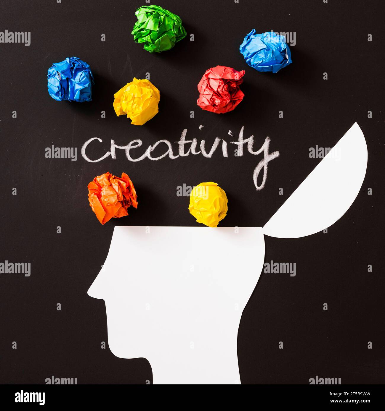 Creativity text with colorful crumpled paper ball open head against ...