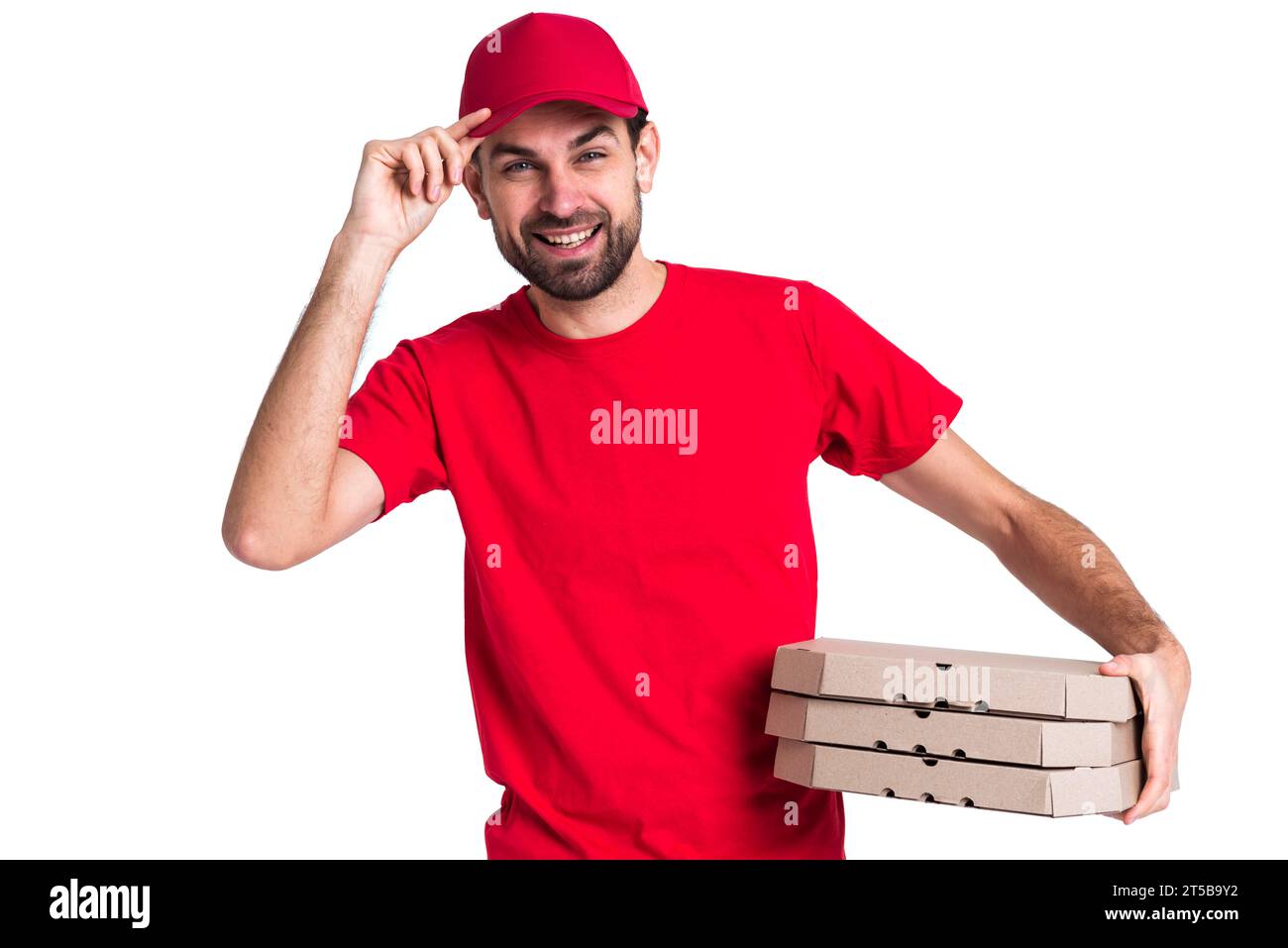 Courier man holding pile pizza boxes his cap Stock Photo - Alamy