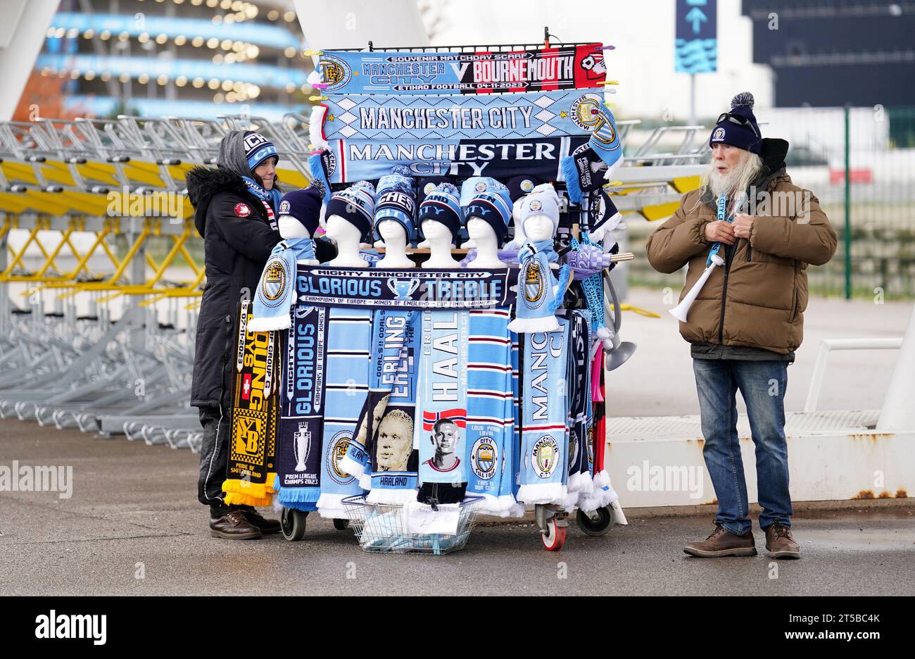 Manchester City merchandise on sale outside the stadium prior to the ...
