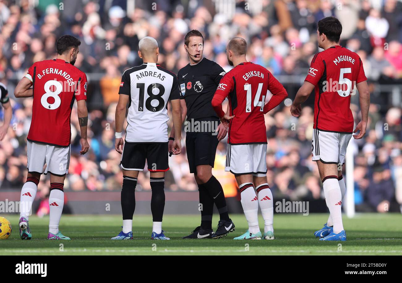 London, UK. 4th Nov, 2023. Players of both teams talk with referee John ...
