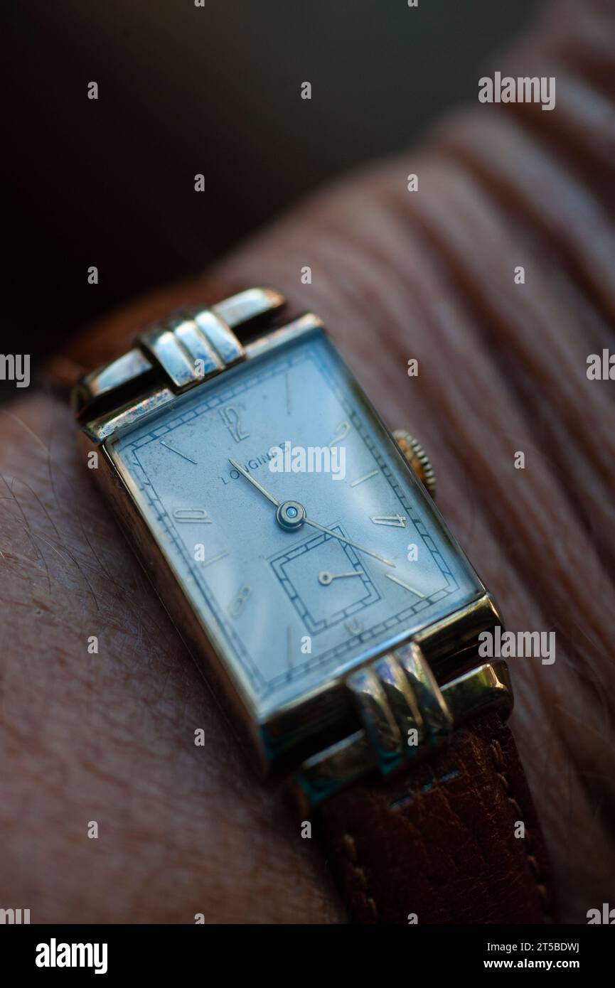 close-up of art deco 1930's vintage mechanical longines tank watch ...