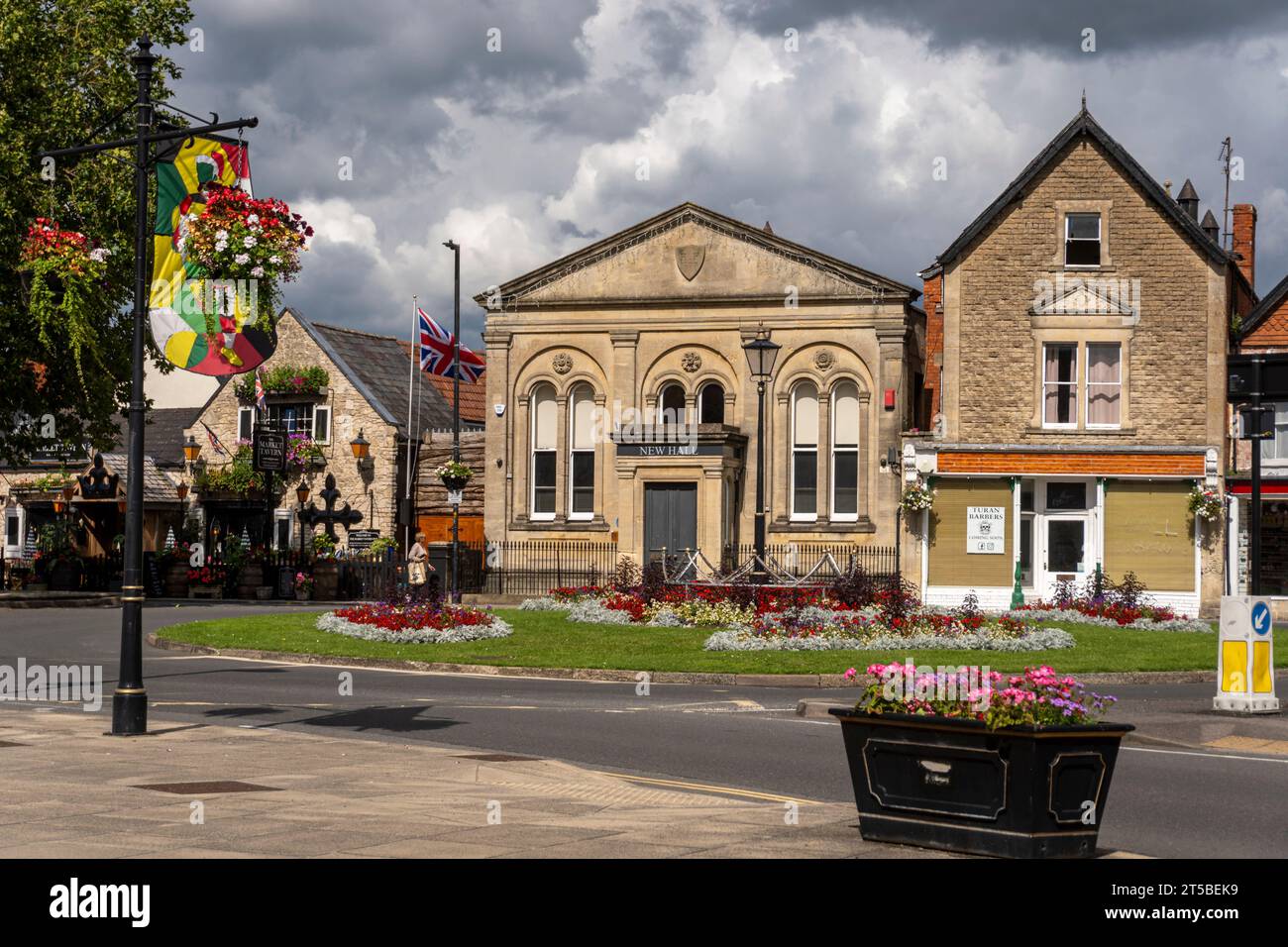 Street view of the New Hall and buildings in the town of Melksham ...