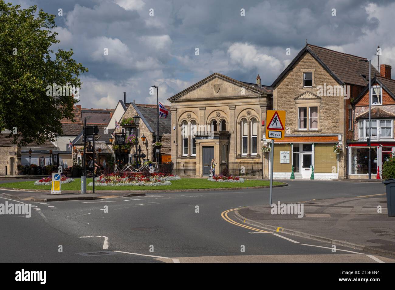 Street view of the New Hall and buildings in the town of Melksham ...