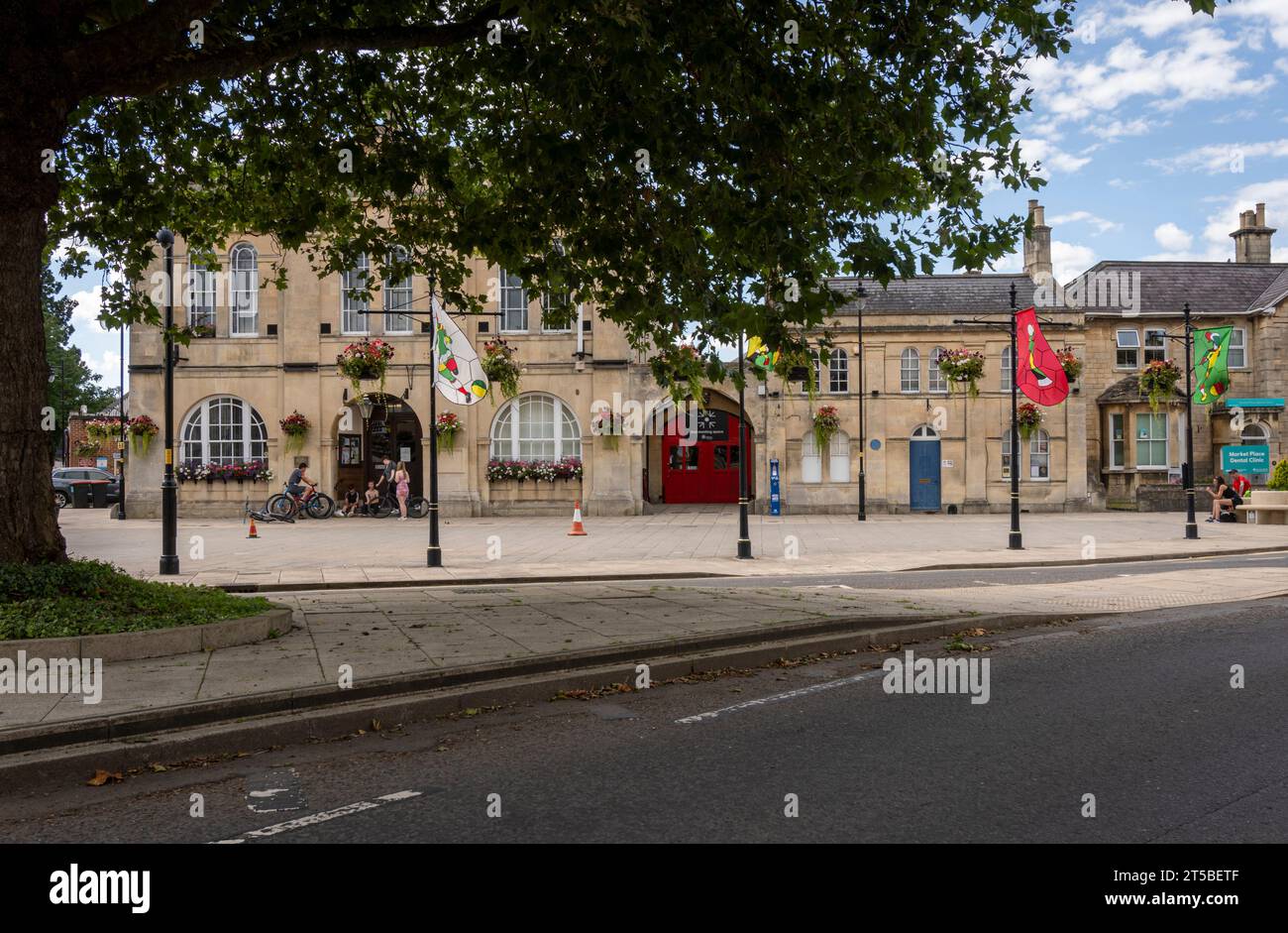 Street view of the Town Hall and buildings in the town of Melksham ...