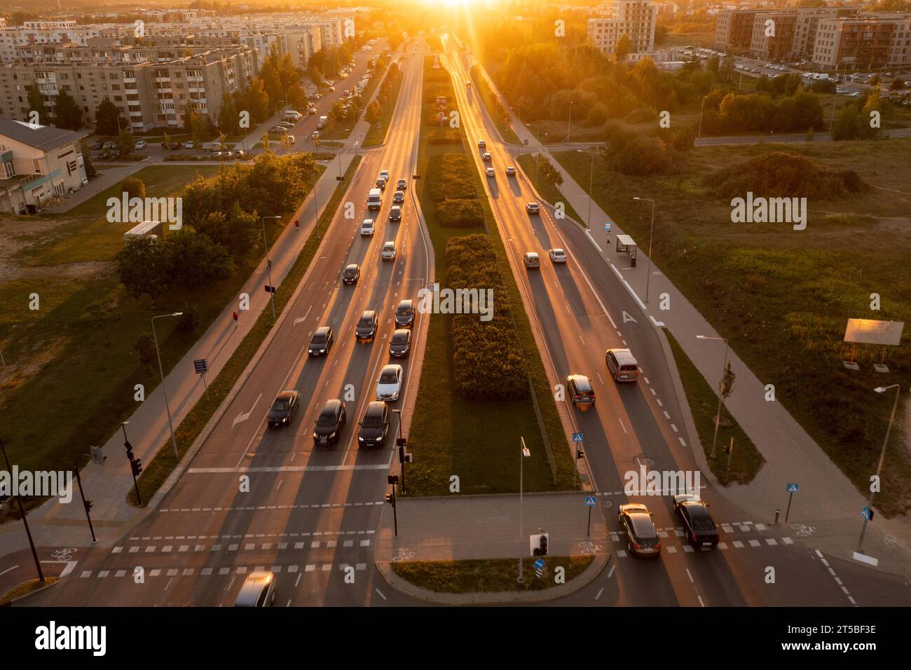 Drone photography of high traffic road surrounded by buildings during ...