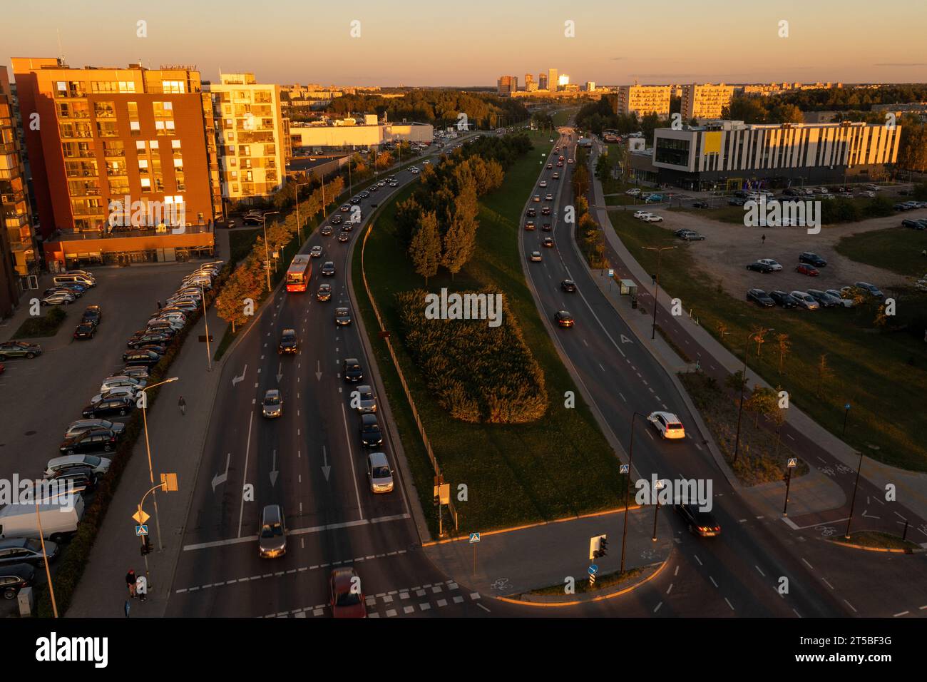 Drone photography of high traffic road surrounded by buildings during ...