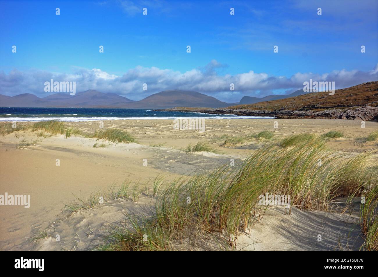 A view of Luskentyre Beach from the edge of the sand dunes with blue ...