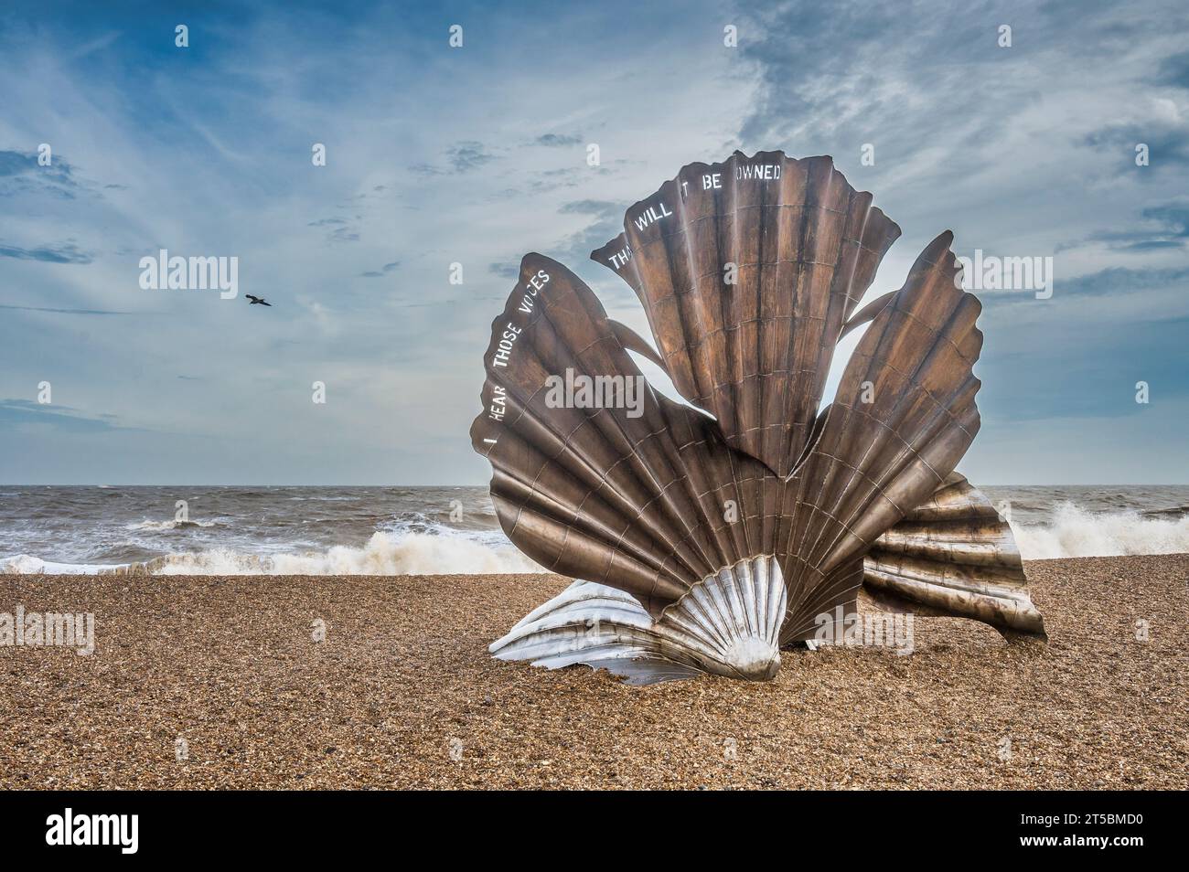 The image is of the Scallop Shell sculpture, located on the beach of ...
