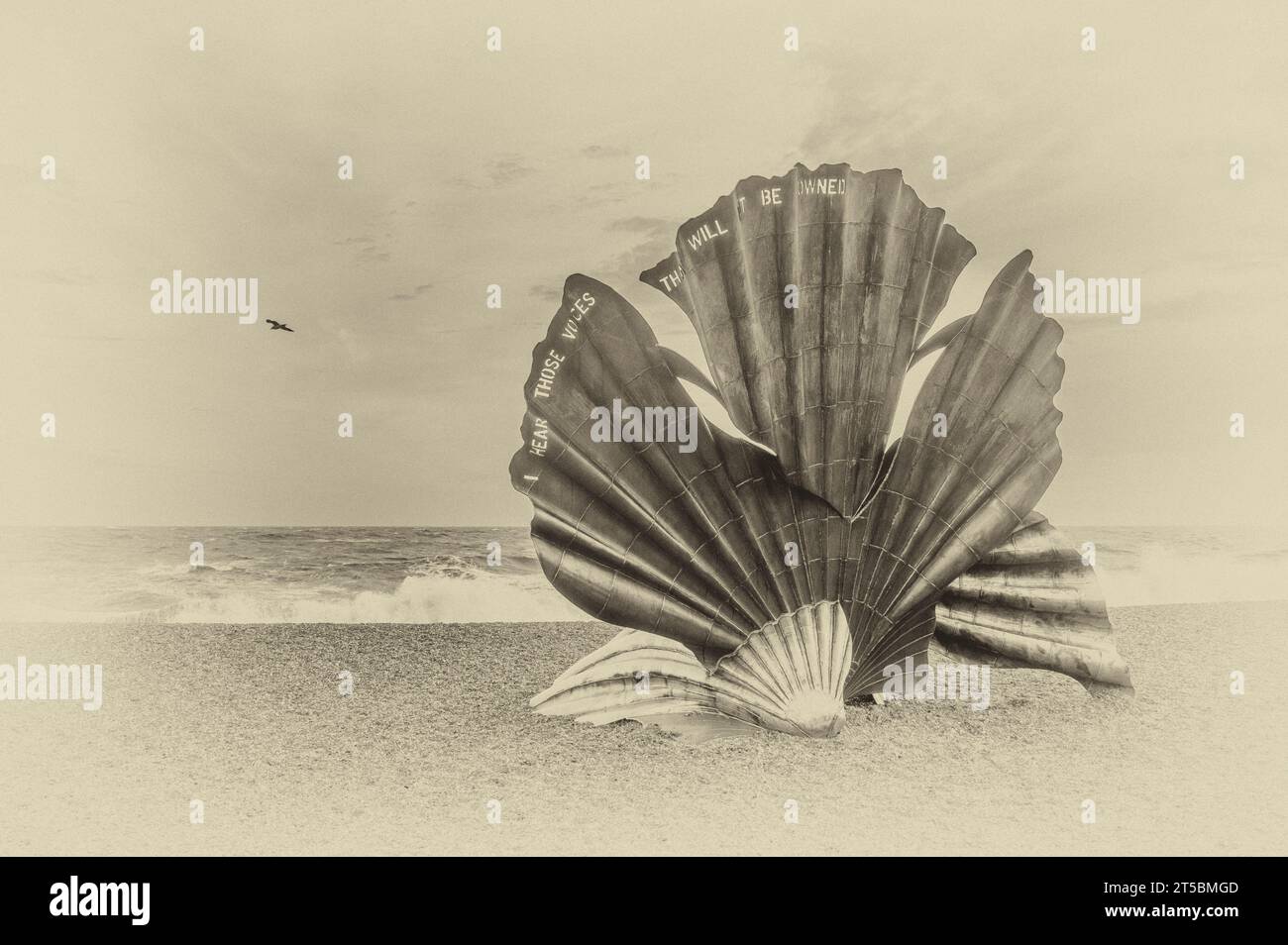 The image is of the Scallop Shell sculpture, located on the beach of ...
