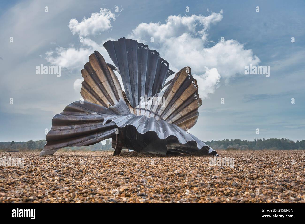 The image is of the Scallop Shell sculpture, located on the beach of ...