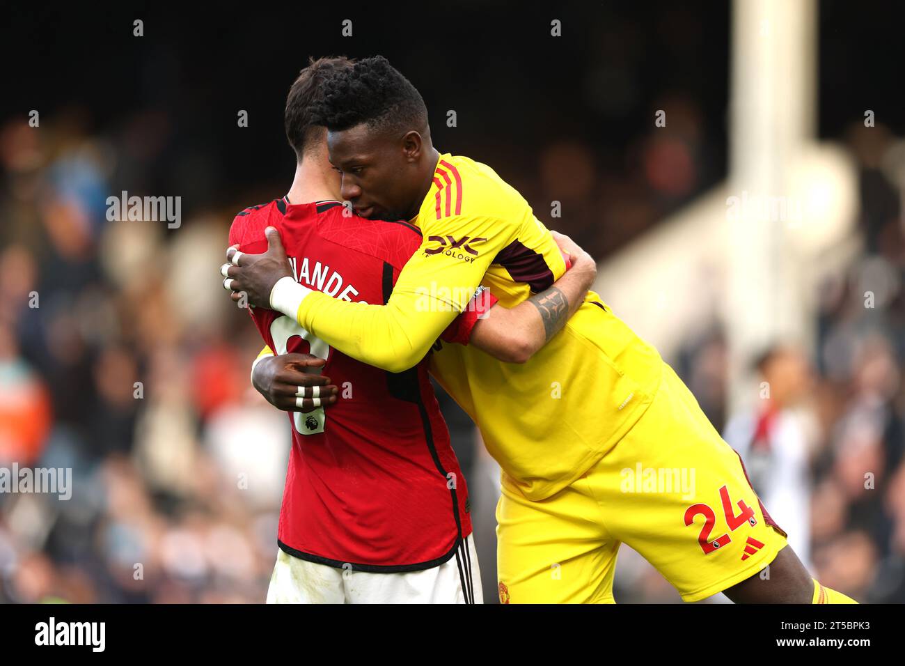 Manchester United's Bruno Fernandes (left) and goalkeeper Andre Onana ...