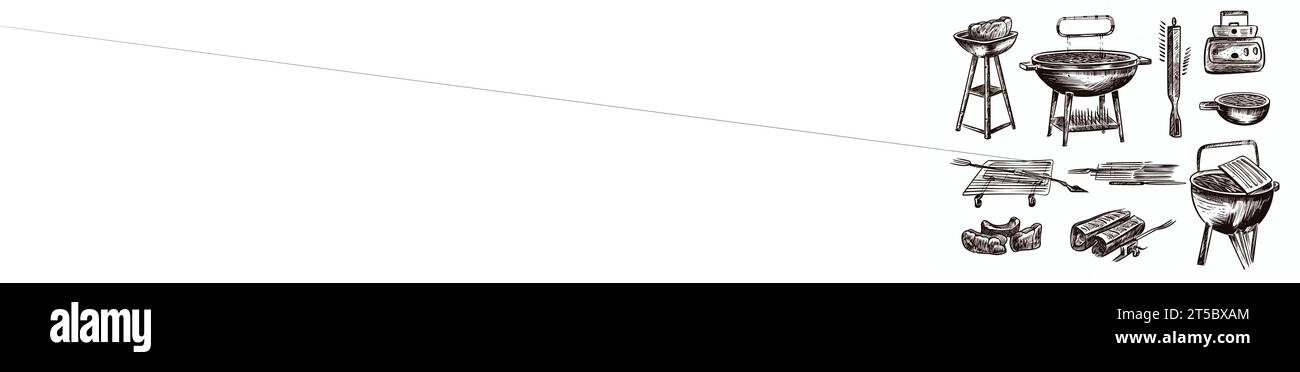 Drawing of BBQ set. Barbecue Grill Icons illustration separated ...