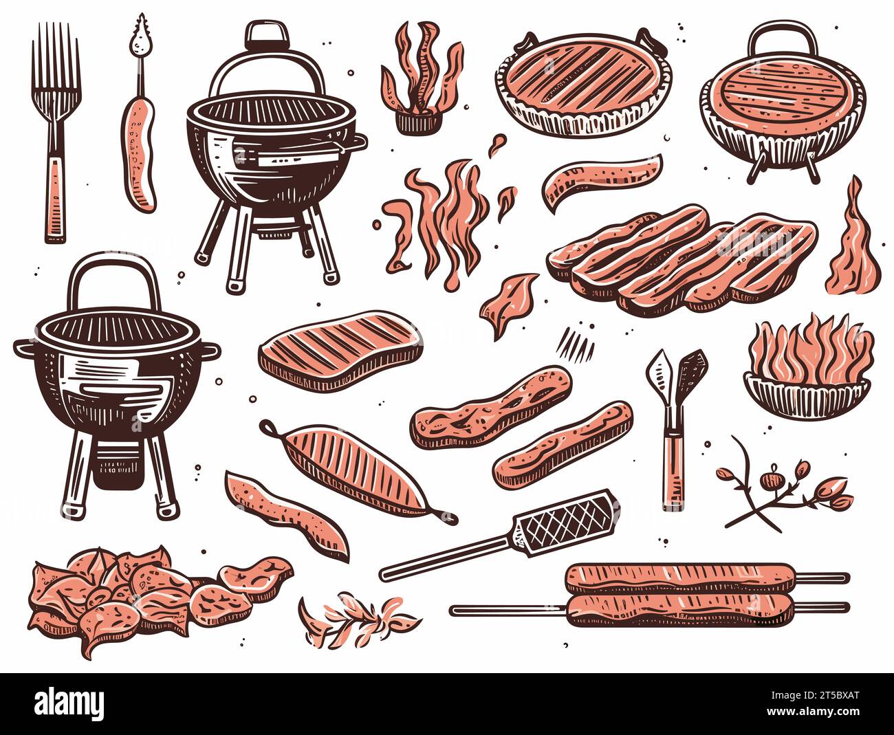 Drawing of BBQ set. Barbecue Grill Icons illustration separated ...