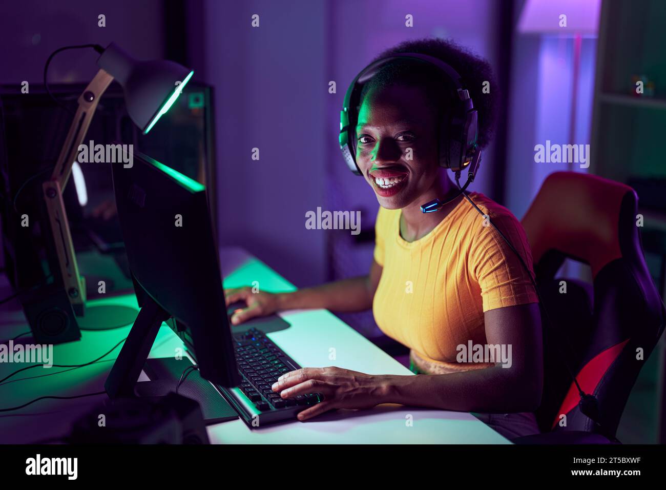 African american woman streamer using computer at gaming room Stock ...