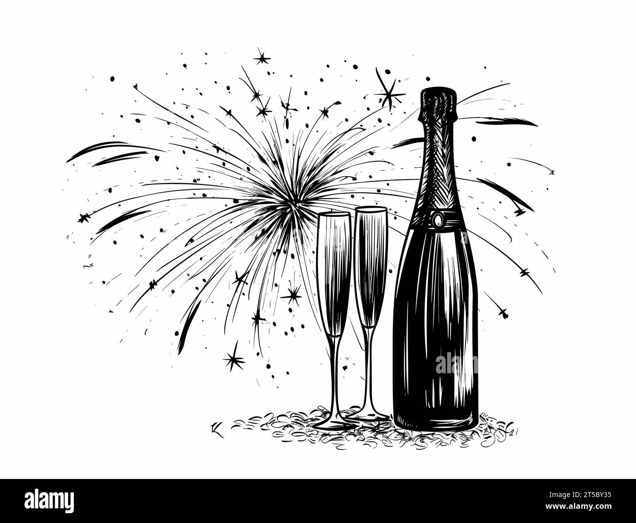 Drawing of Black new year firework and champagne isolated illustration ...