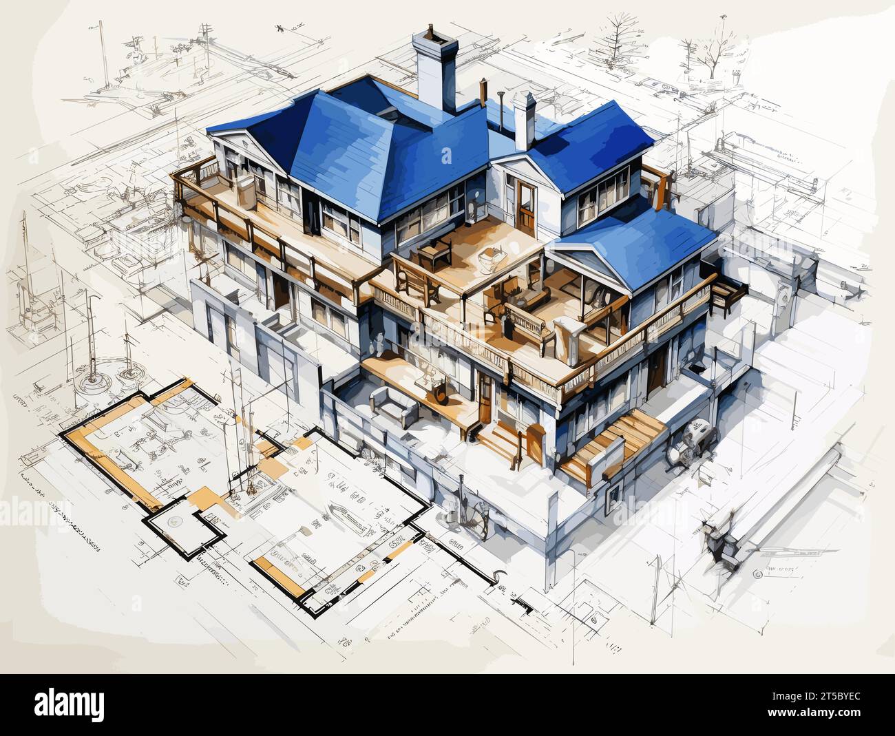 Drawing of Blueprints of a house and rolls illustration separated ...