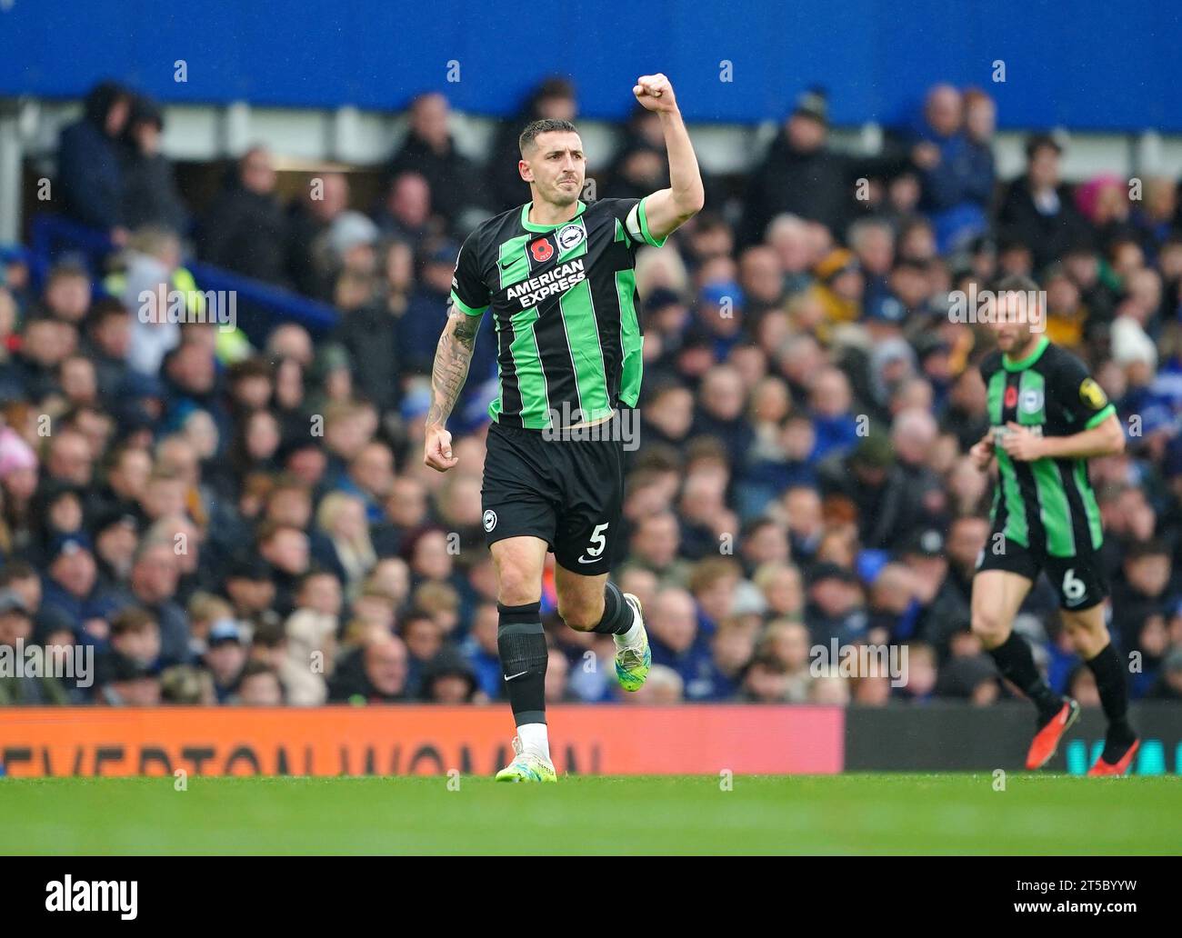 Brighton and Hove Albion's Lewis Dunk celebrates a goal that is ruled ...