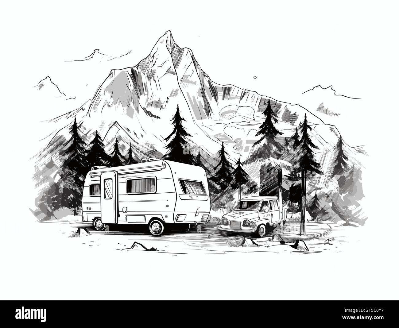 Drawing of Campsite with camper caravan tent rocky mountains ...