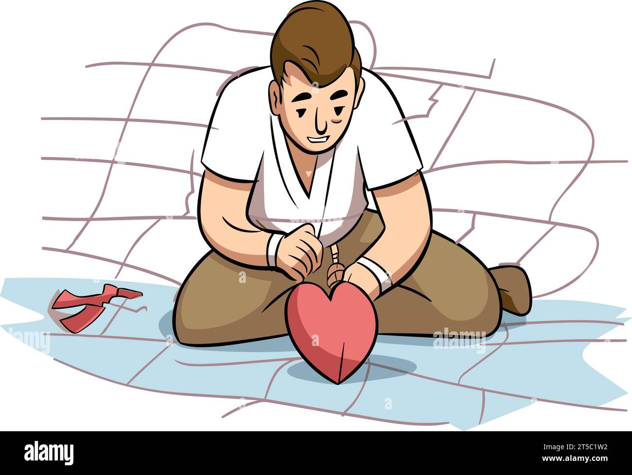 Drawing of Cartoon illustration of man patching a heart with adhesive ...