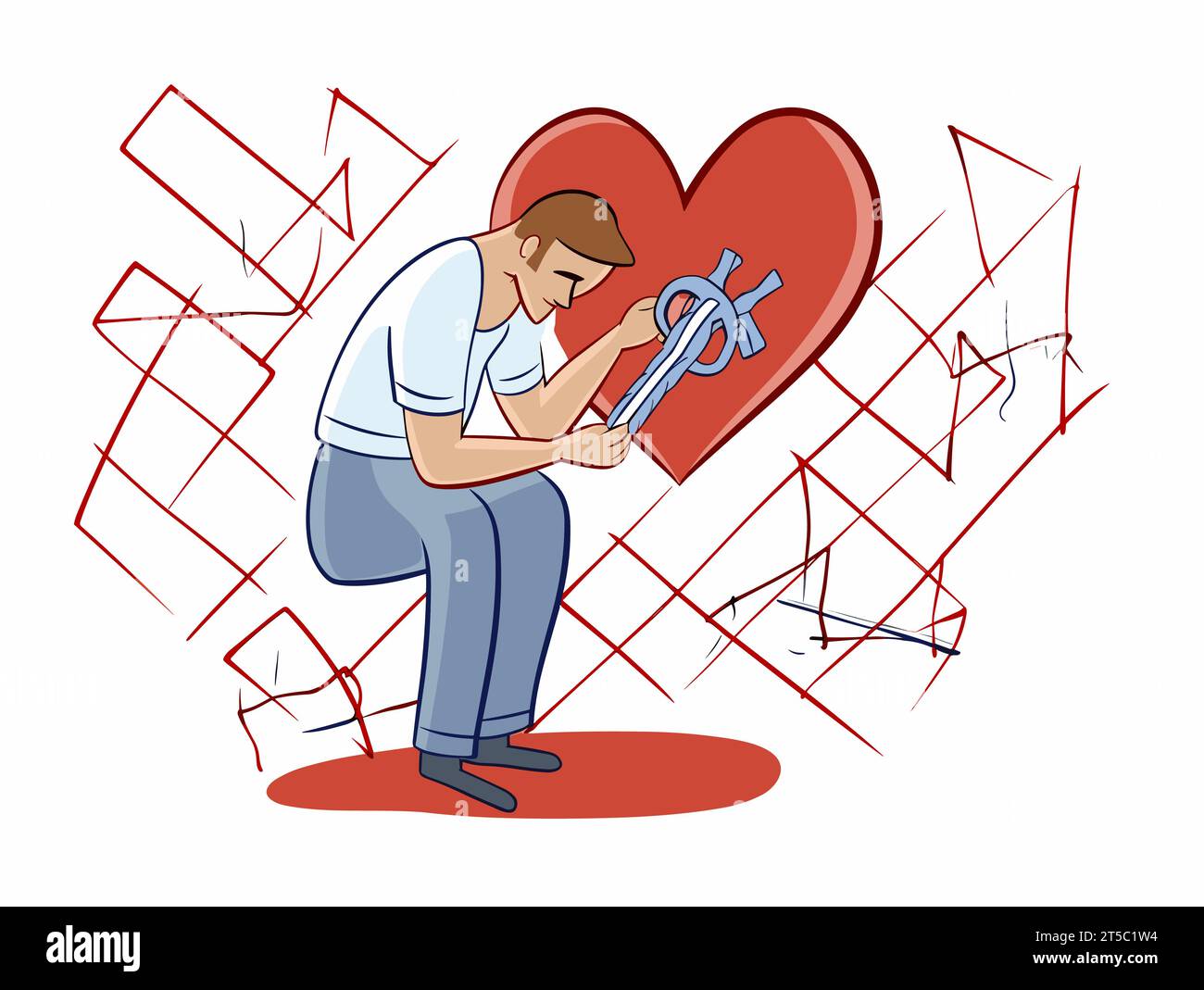 Drawing of Cartoon illustration of man patching a heart with adhesive ...