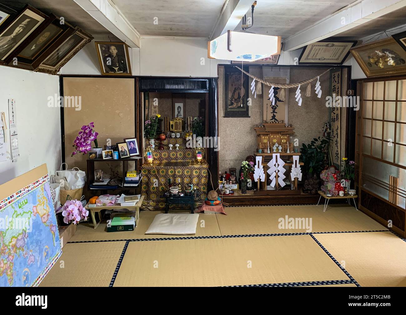 Japan, Kyushu. Family Altar Honoring Ancestors on left, Shinto Shrine ...